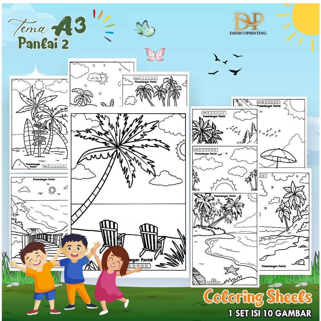 Jual (PANTAI 02) KERTAS MEWARAI ANAK PEMANDANGAN A3 - LEMBAR MEWARNAI ...