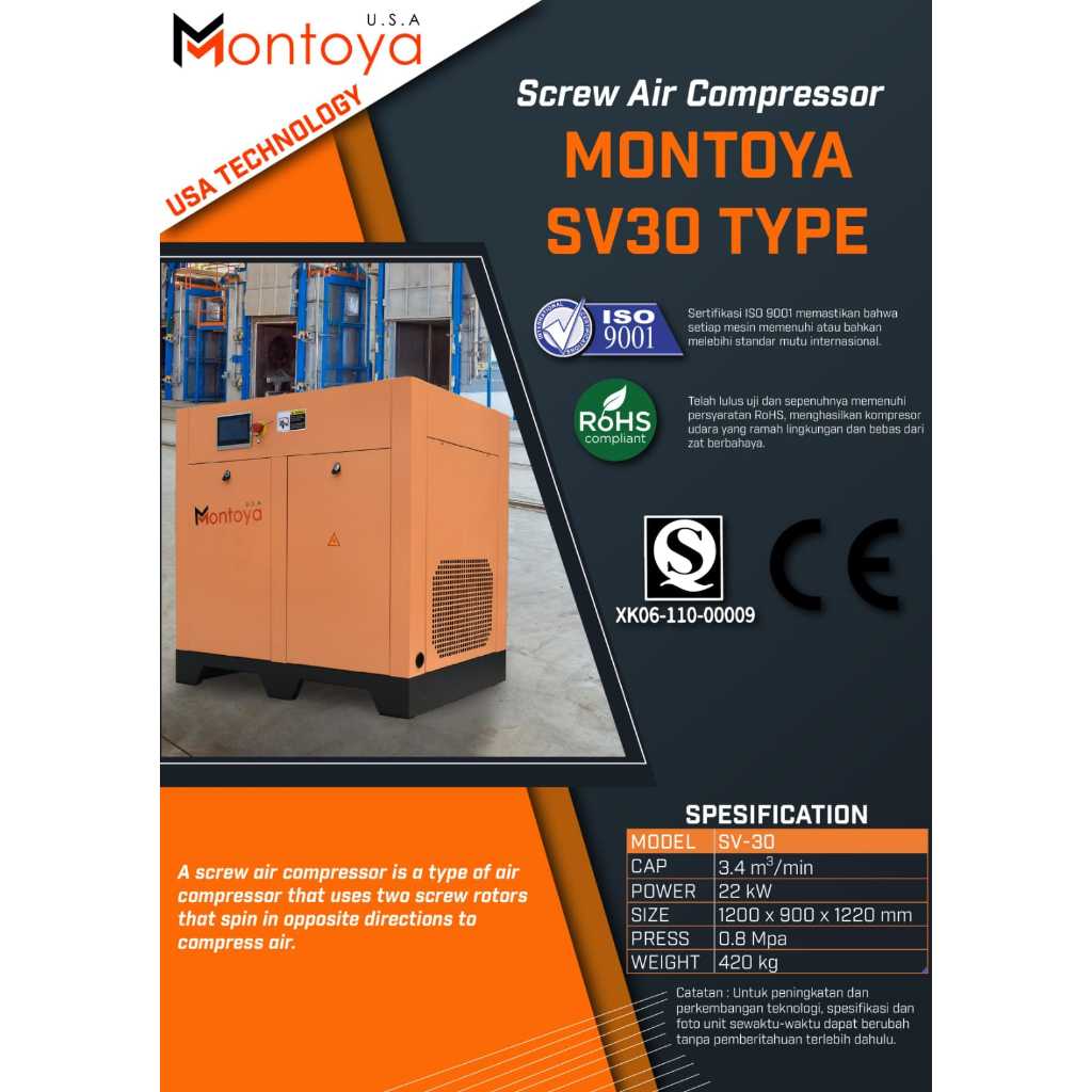 Jual SCREW COMPRESSOR / KOMPRESSOR ANGIN SCREW 30 HP MONTOYA SV30 USA ...
