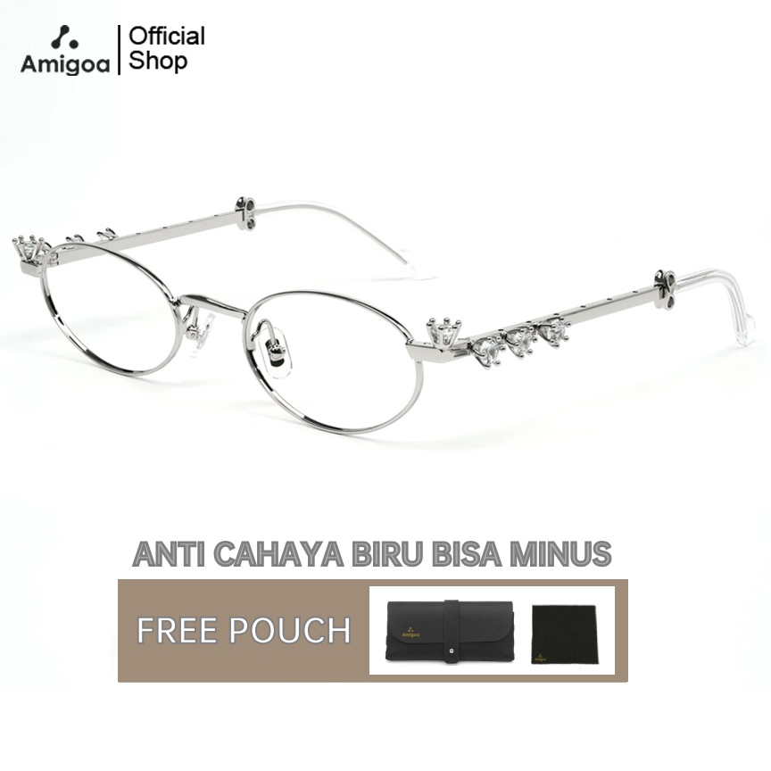Jual AMIGOA Kacamata Premium Frame Metal Bingkai Oval Anti Cahaya Biru ...