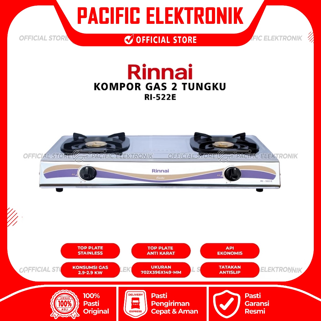 Jual Kompor Gas Rinnai Stainless RI-522E / RI522E / 522E | Shopee Indonesia
