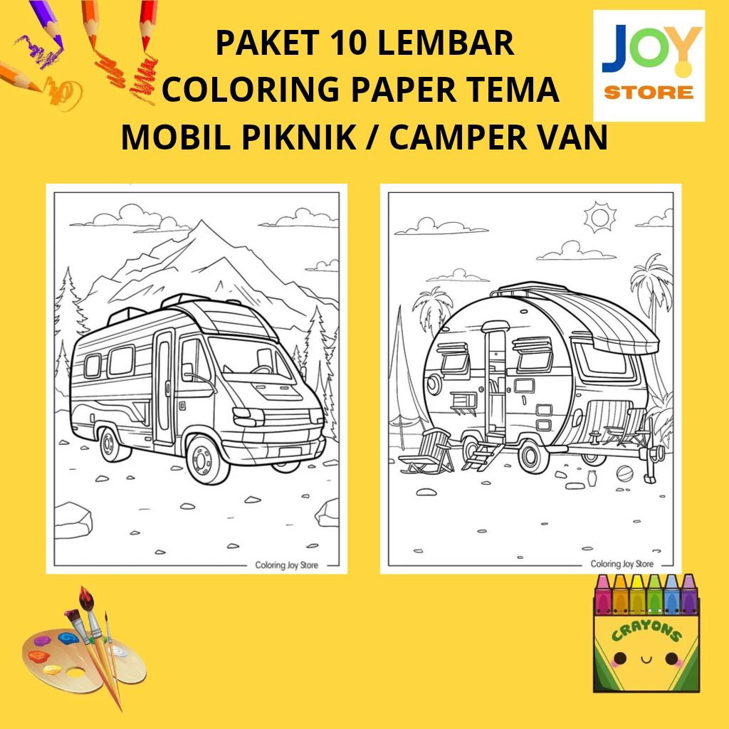 Jual PAKET 10 Lembar Kertas Gambar Mewarnai Tema Mobil Piknik / Camper ...