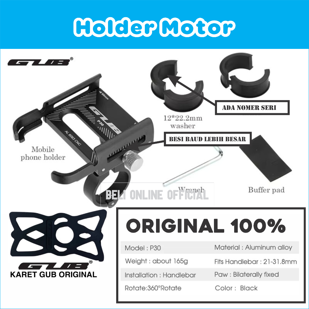 Jual Holder Motor GUB P30 Full Besi Spion Stang Phone Stand HP Aluminium Penyangga Handphone di ...