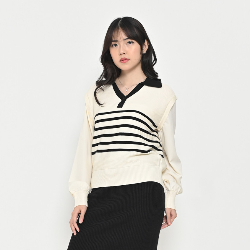 Jual QUEENTIN Sweater Wanita Rajut 03 Rib Knit Stripe Kombinasi Sifon ...