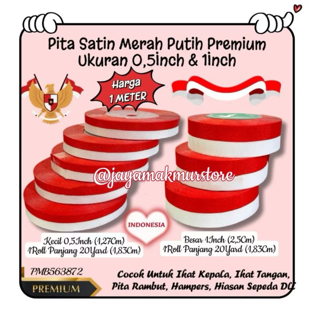Jual (1METER) PITA MERAH PUTIH / PITA SATIN MERAH PUTIH PREMIUM / PITA ...