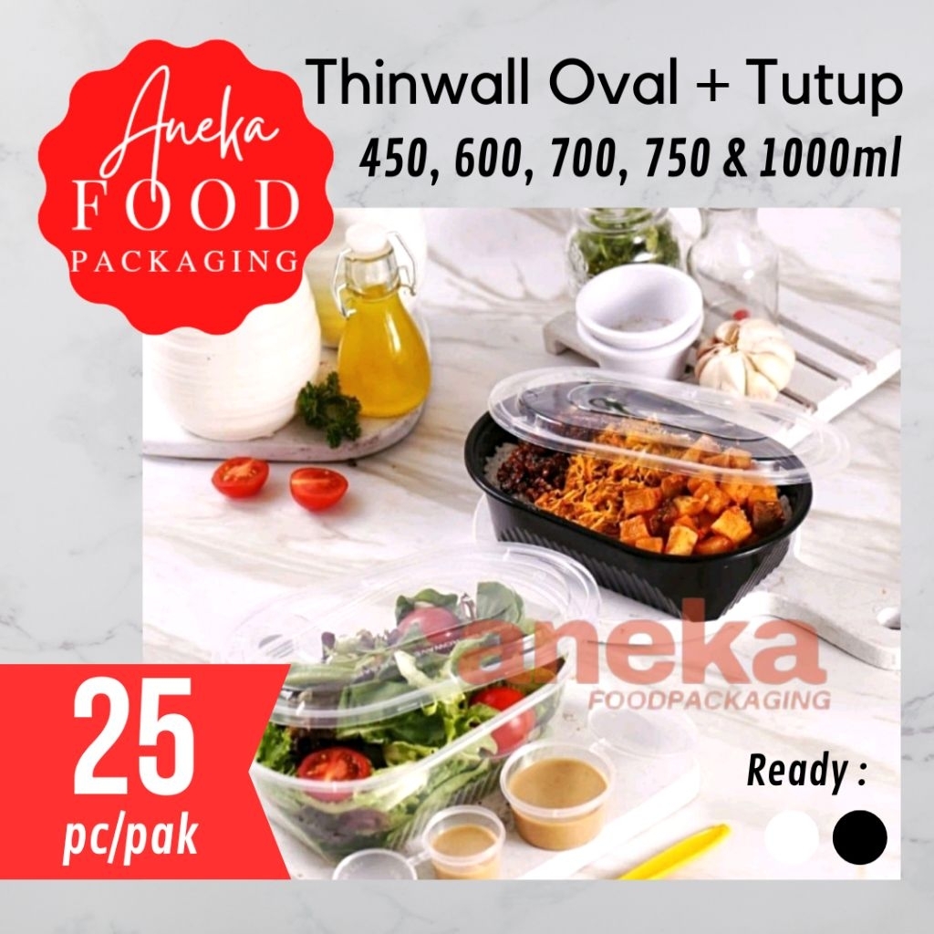 Jual 25pc- Thinwall OVAL 450ml, 600ml, 700ml, 750ml & 1000ml lunch box plastik kotak makan bento ...