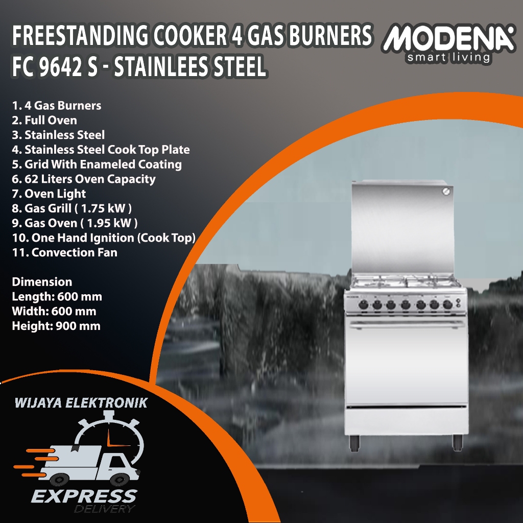 Jual Modena FC 9642 S - Freestanding Cooker 4 Burners Stainlees Steel ...