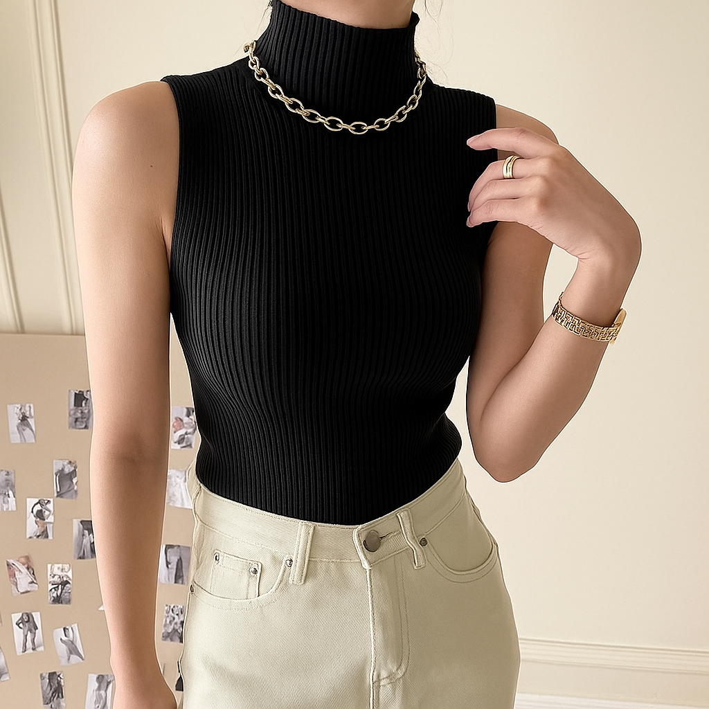 Jual [TTEUDA] Inner Rajut Turtleneck Tanpa Lengan Bahan Halus dan Adem ...