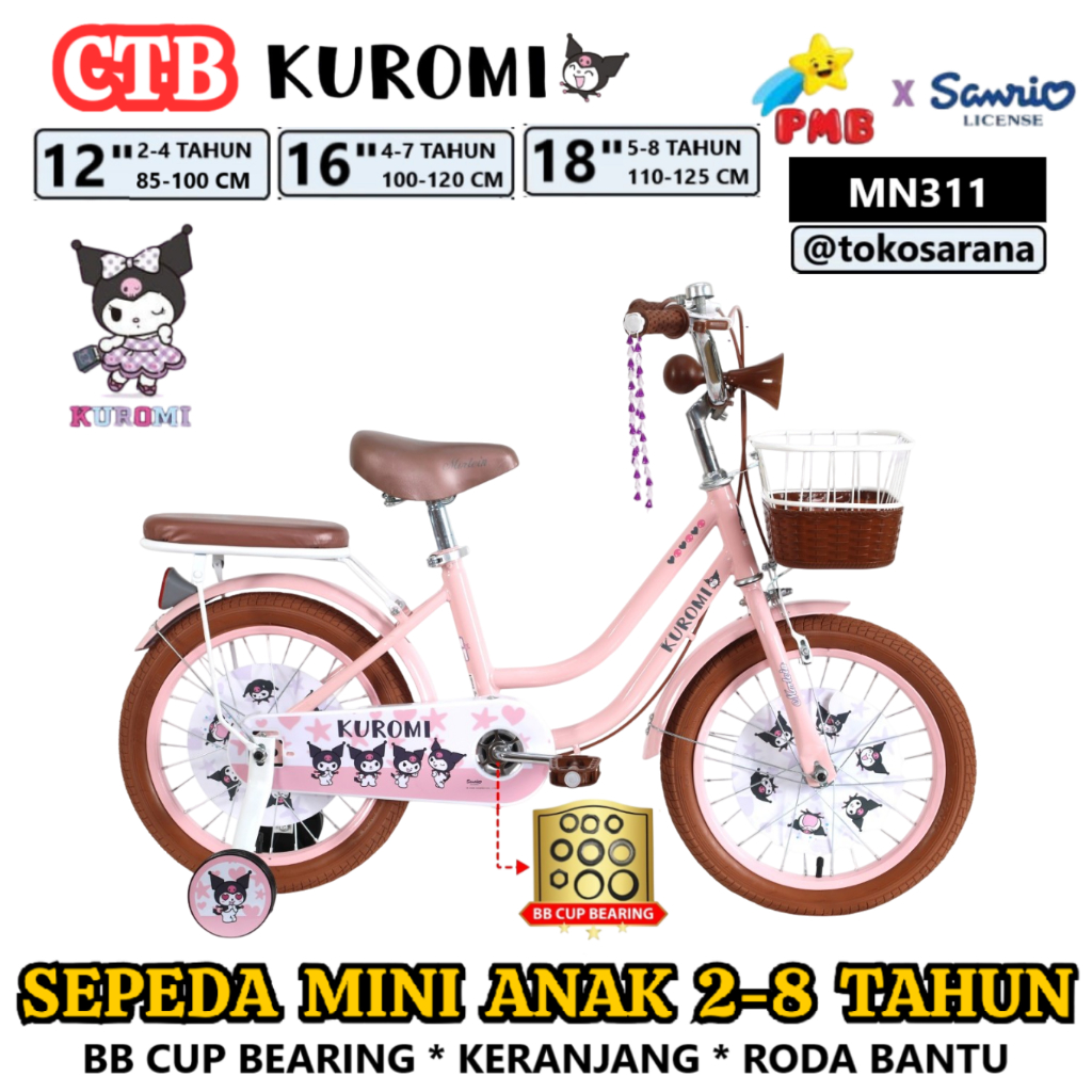 Jual Sepeda Anak PMB Sanrio Kuromi Mini City Bike Ban12 16 18 Inci 2-8 ...