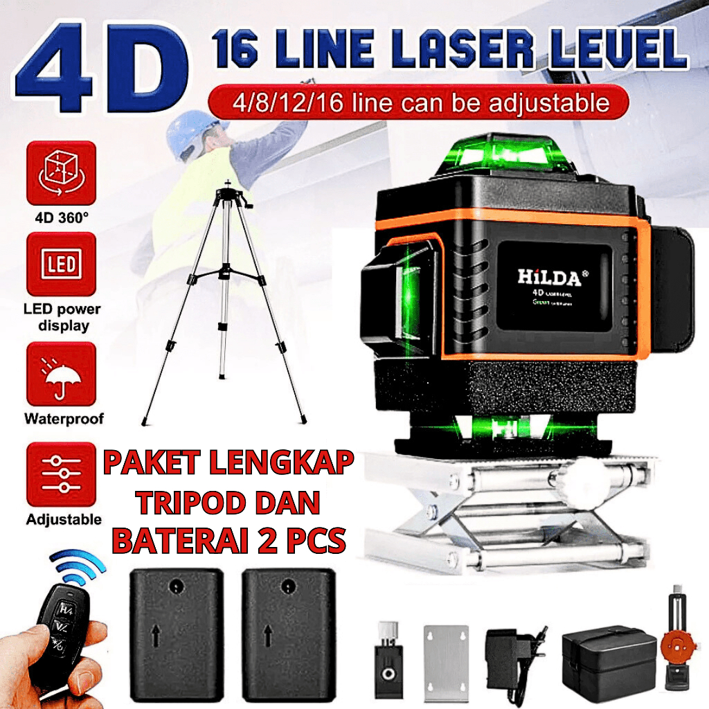 Jual PAKET KOMPLIT Hilda Laser Level Self Leveling 16 Line 4D + Batrei ...