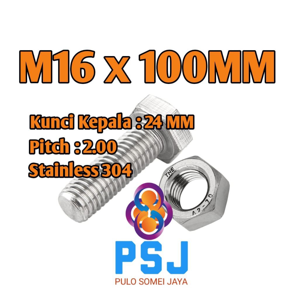 Jual Baut Mur Stainless M16 x 100 mm / Bolt Nut Stainless Steel 304 | Shopee Indonesia