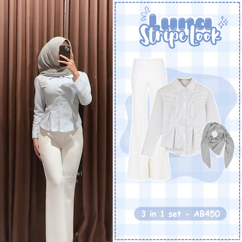 Jual DazzelChic OOTD Atasan Kemeja Strip Rempel Fitted 3in1 Set Korean ...