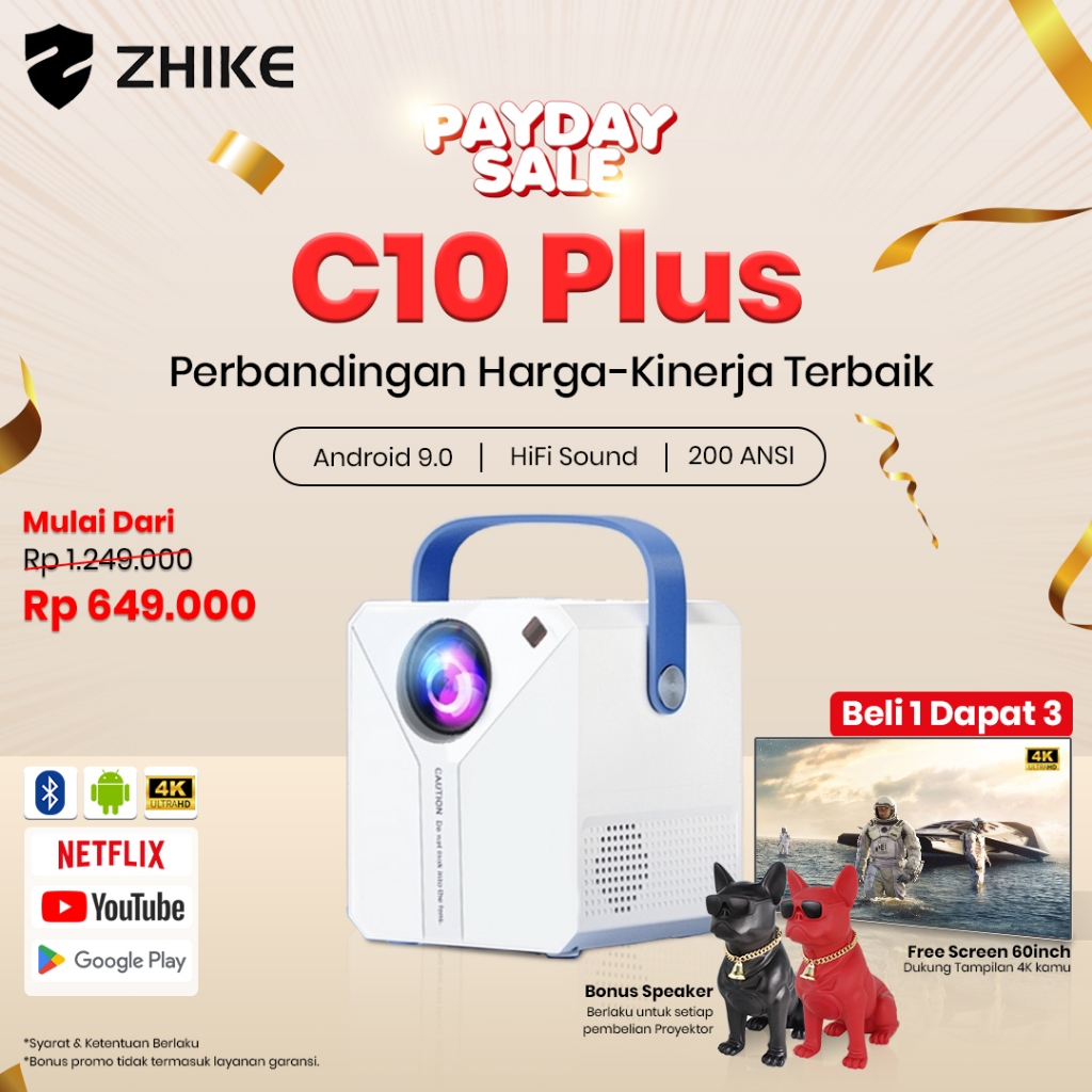 Jual Projector C10- 200 ANSI 600P- Android 9.0 -Smart Portable Projector A0 Chip- Netflix ...