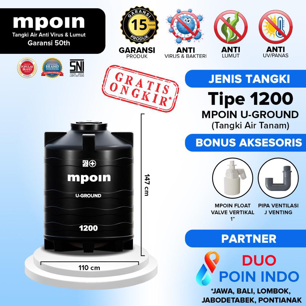 Jual TANGKI TANDON AIR MPOIN 1200 L U-GROUND TOREN TANAM GARANSI 15 THN ...