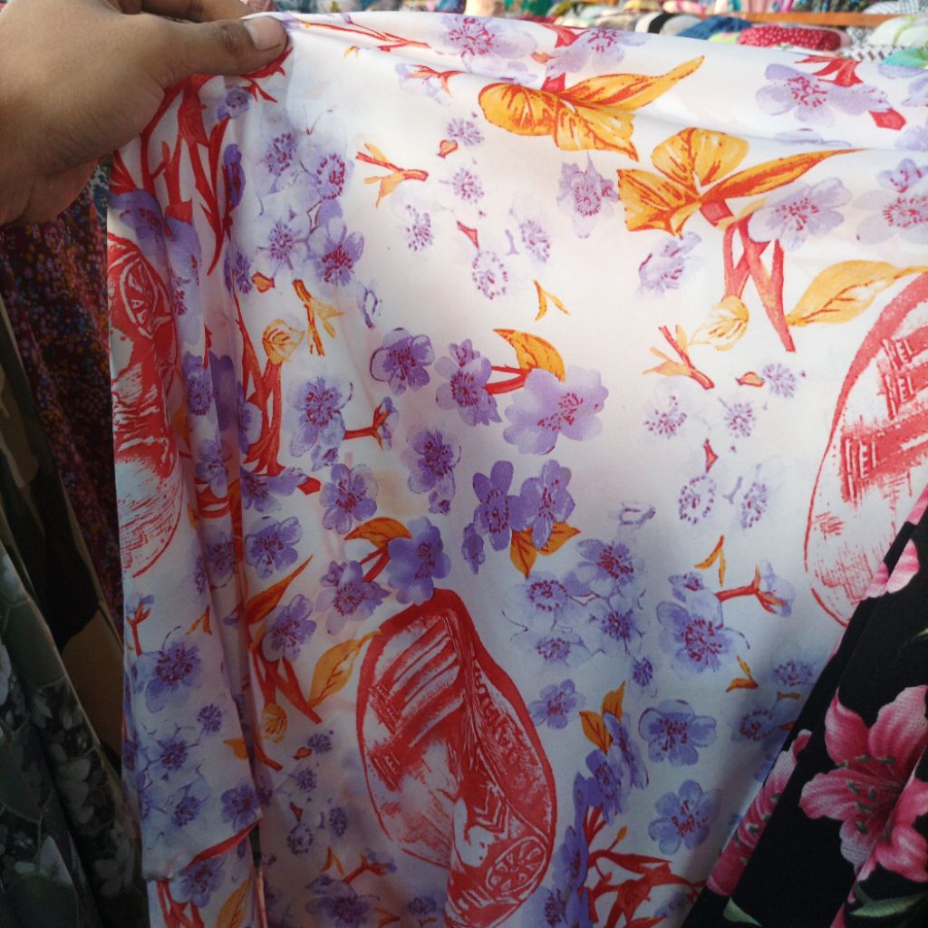 Jual Kain Satin Motif Bunga Ungu Orange – Bahan Jahit Dress, Gamis ...