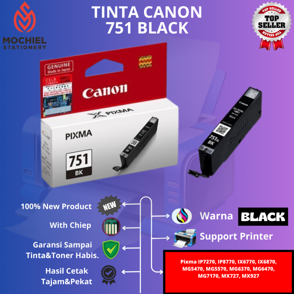 Jual Cartridge Tinta Canon CLI 751 Black Printer Pixma IP7270 IP8770 ...
