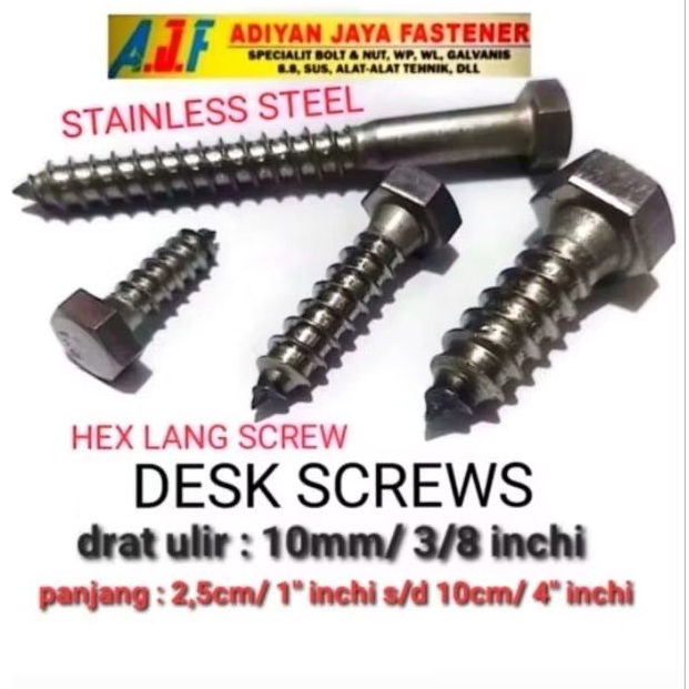 Jual Lang screw/ Desk screw Stainless 304 3/8 inchi ( panjang 1" inchi ...