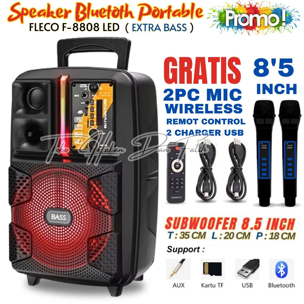 Jual SPEAKER BLUETOOTH FLECO F 8808 LED 8'5 INCH FREE 2 MIC WIRELESS ...