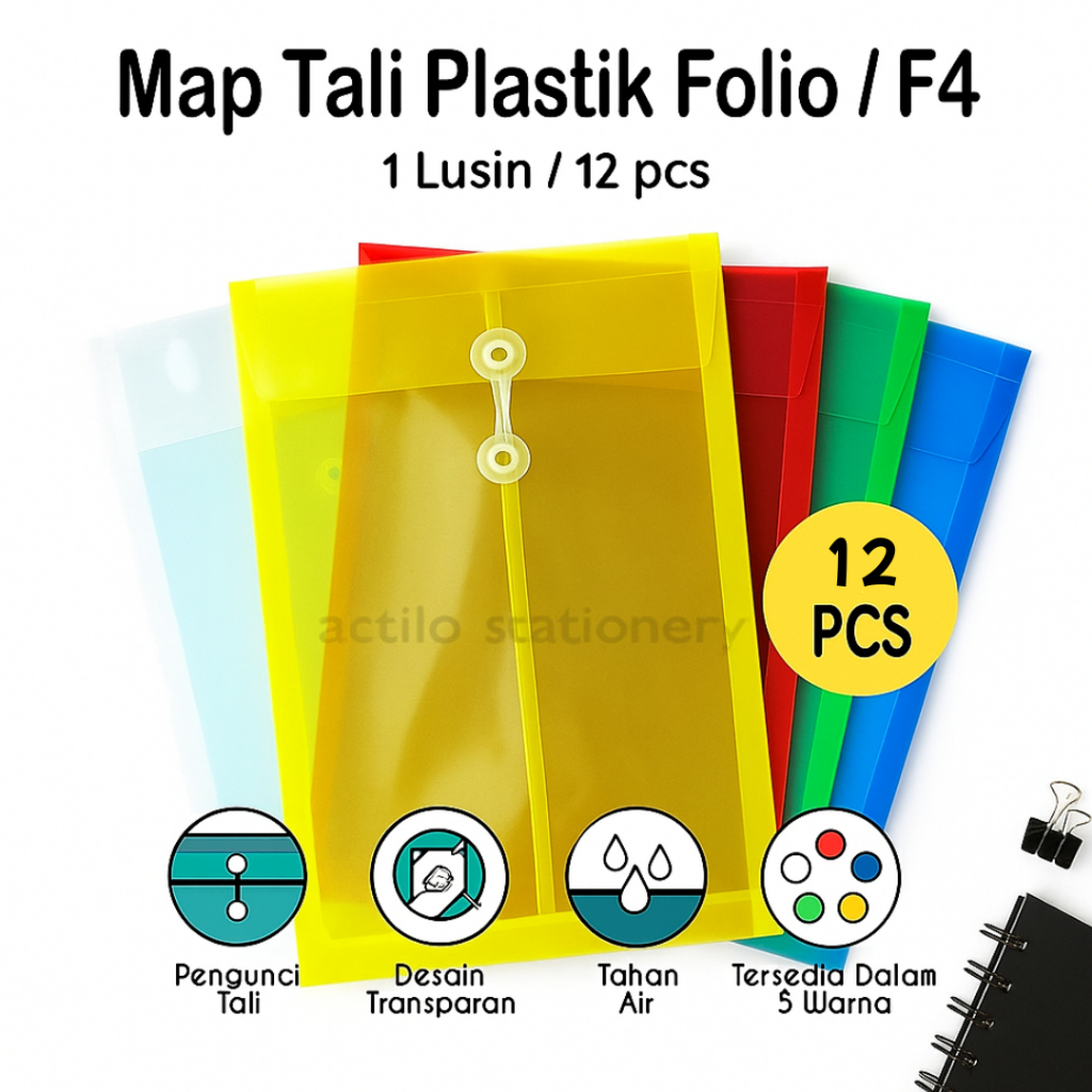 Jual (1 PAK / 12 PCS) Map Plastik Tali Ukuran Folio/F4 - Map Tali ...