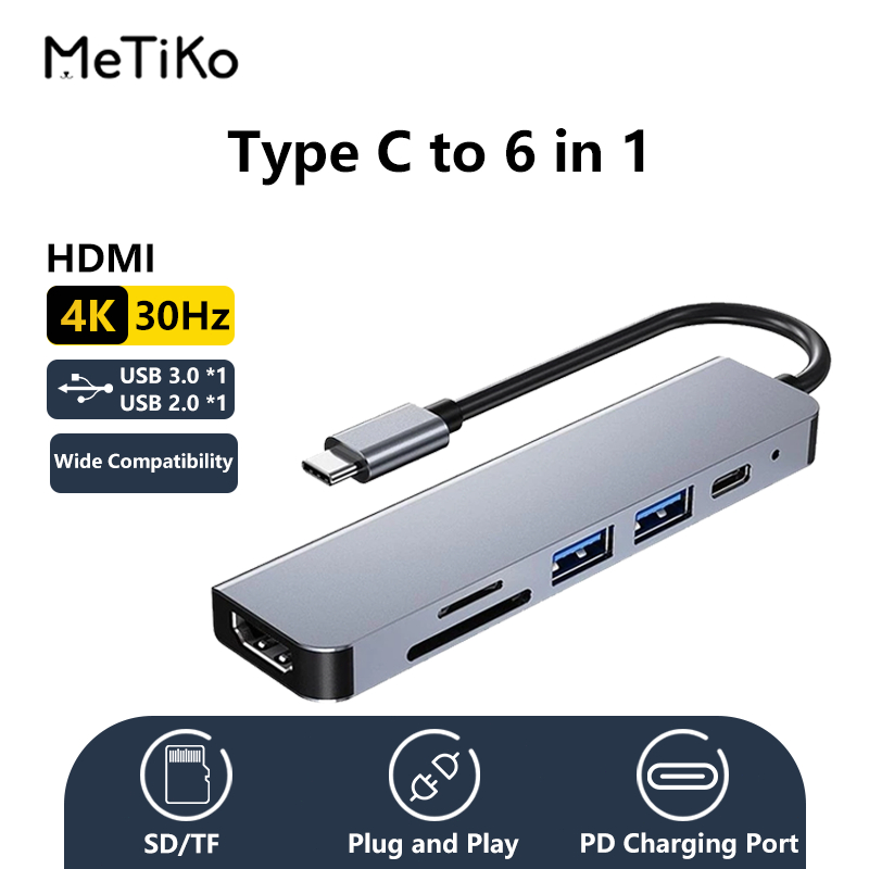 Jual MeTiKo Converter Adapter Type C 6 In 1 to HDMI 4K USB Hub 3.0 PD SD/TF Card | Shopee Indonesia