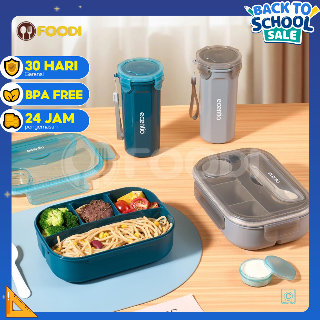 Jual 【2pcs set】ecentio & FOODI lunch box set kotak bekal anti tumpah 4 Sekat Grid 1100ml/1200ml ...