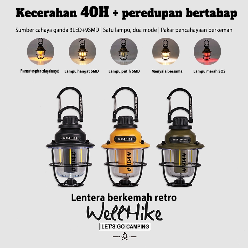 Jual WELLHIKE Lampu gantung retro tahan lama 40 jam, lampu kemah LED isi ulang, lentera LED ...