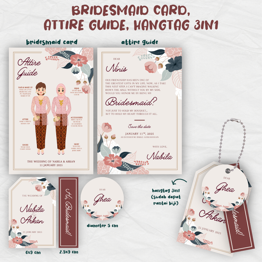 Jual Aesthetic Bridesmaid Card, Attire Guide, Hangtag 3in1 for ...
