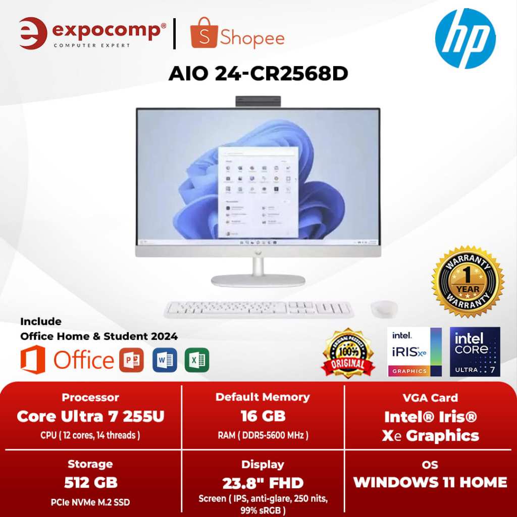 Jual Hewlett Packard HP ALL IN ONE AIO 24-cr2568d WHITE INTEL CORE ULTRA 7-255U 16GB 512GB WIN ...