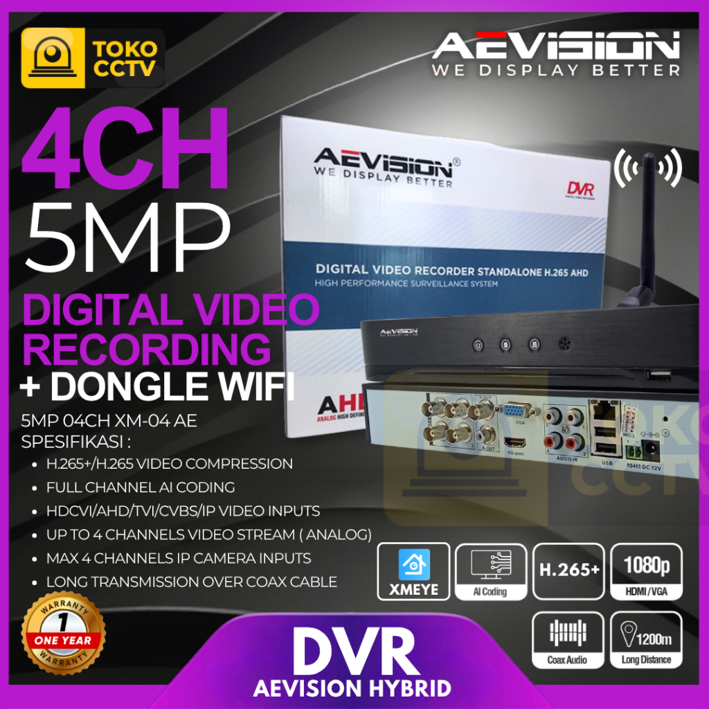 Jual DVR Aevision 4CH 5MP 5 IN 1 Resolusi 2560P Ultra HD Audio + Dongle ...