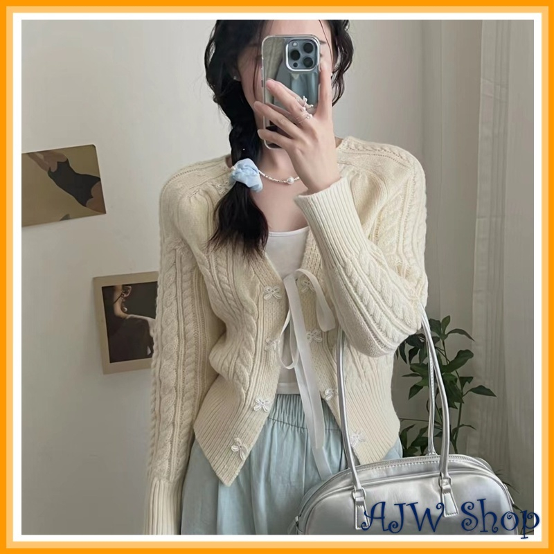 Jual AJW Cardigan Wanita Rajut Woll Korean Style V-Neck Variasi Ribbon Simpul Pita WDH ...
