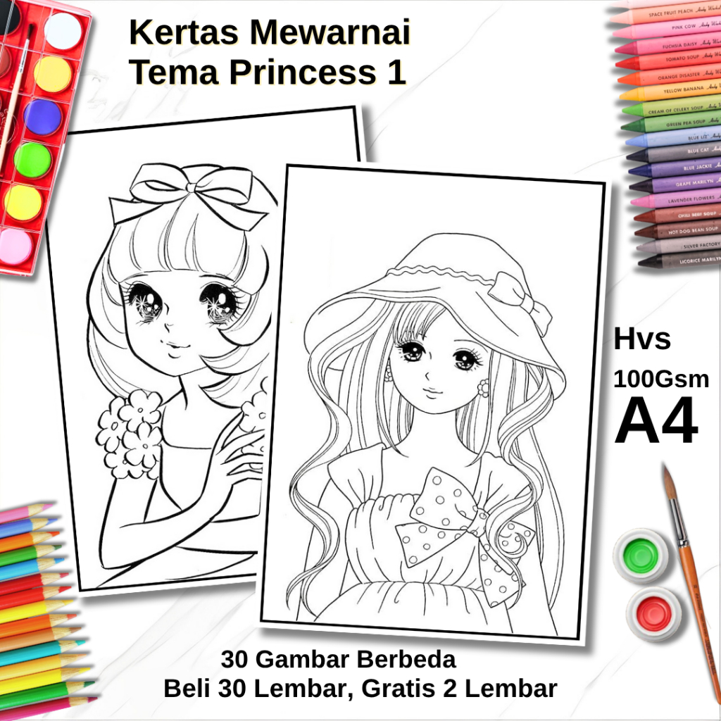 Jual 30 Lembar Kertas Gambar Mewarnai Anak Tema Princess 1 A4 - Media Belajar Kreatif Anak TK ...