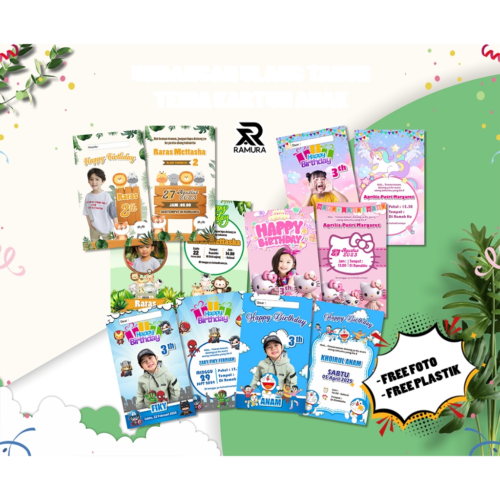 Jual Undangan Ulang Tahun 1 Lembar Tema Animasi / Hello Kitty, Unicorn ...