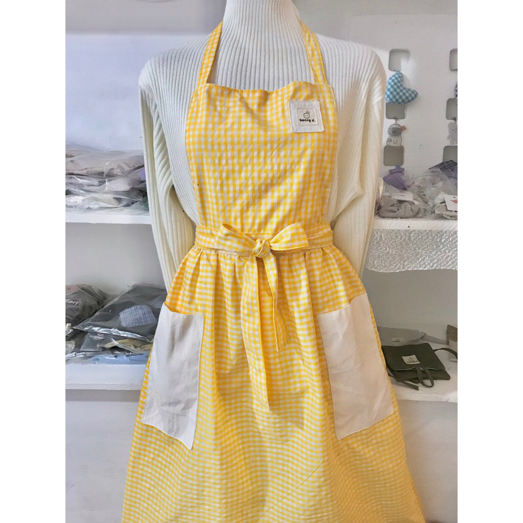 Jual CELEMEK KOREA/APRON KOREA AESTHETIC/APRON KUNING KOTAK KOTAK ...