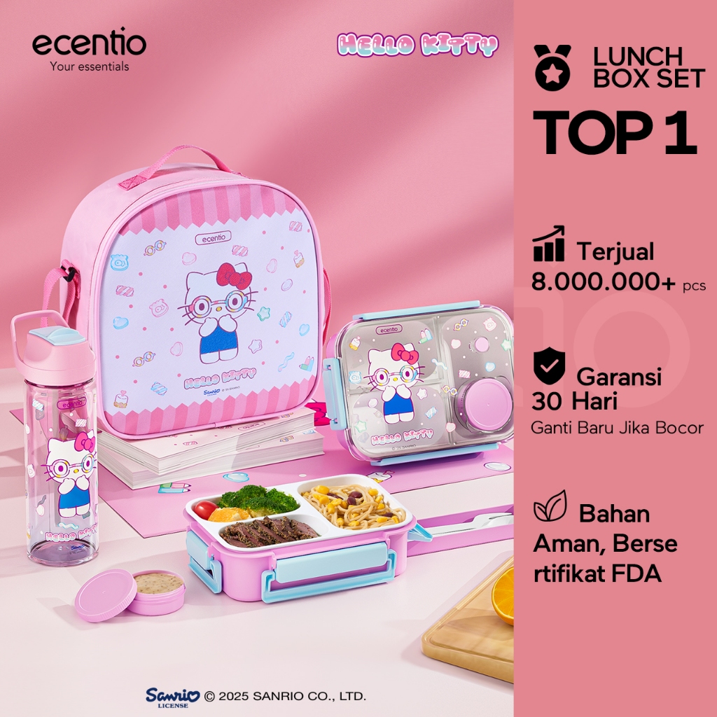 Jual 【ecentio hello kitty set】ecentio Kotak Makan Set anti tumpah lunch box anak 800ml free ...
