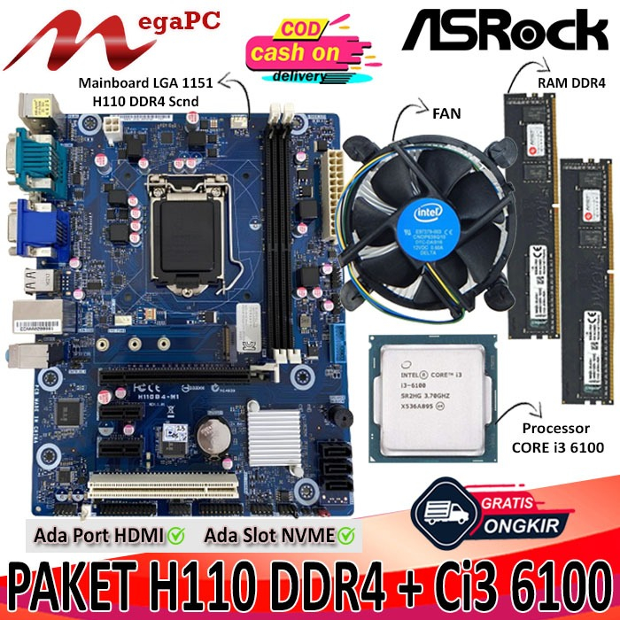 Jual Paket Motherboard Mobo LGA 1151 H110 DDR4 + Core i3 6100 + FAN + RAM | Shopee Indonesia