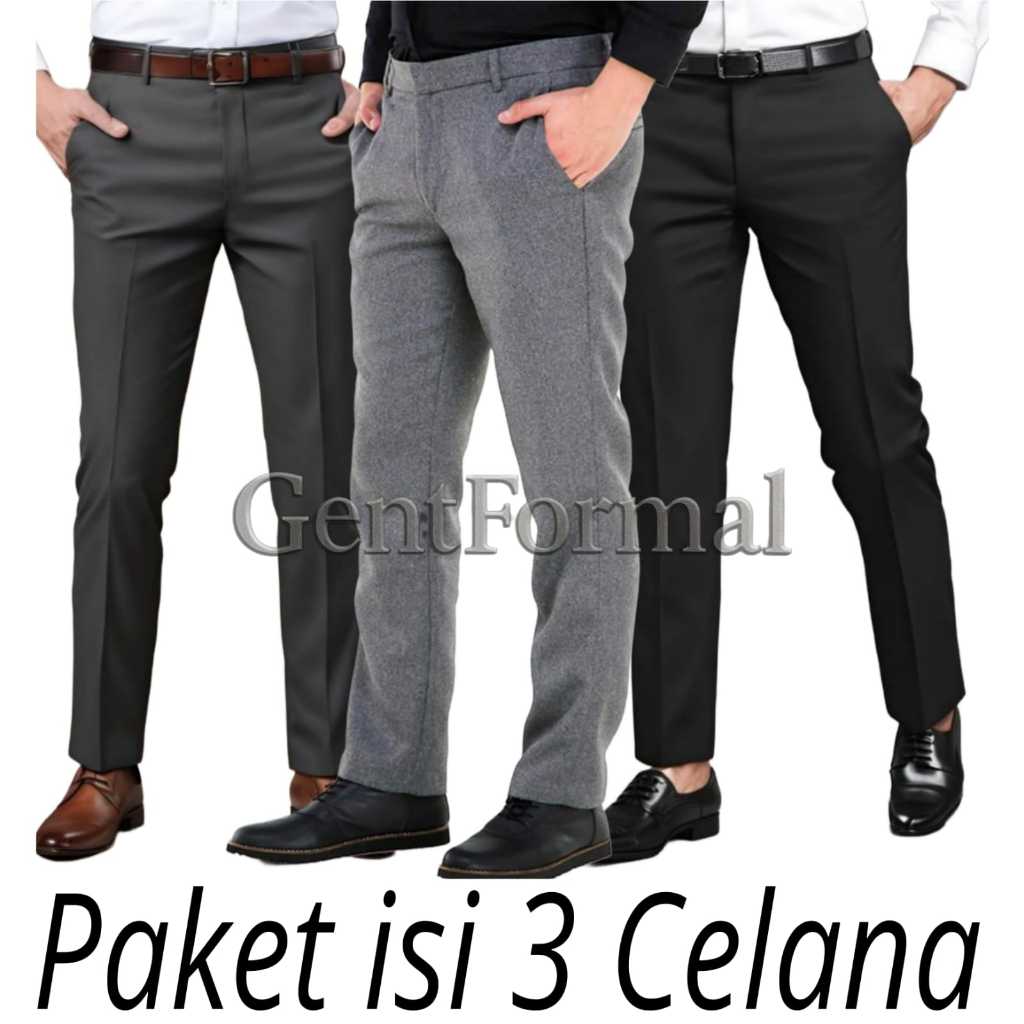 Jual Paket 3 Celana Kerja Kantor Formal Pria Slim Fit Bahan Wol Warna Hitam, Abu Tua & Abu Muda ...