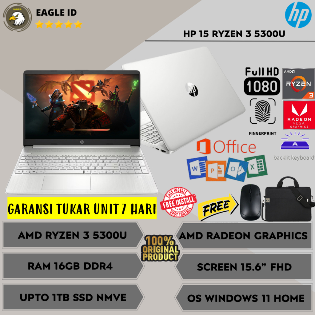 Jual Laptop Gaming Murah HP 15 AMD Ryzen 3 5300U Ram 16GB 1TB SSD 15.6 ...
