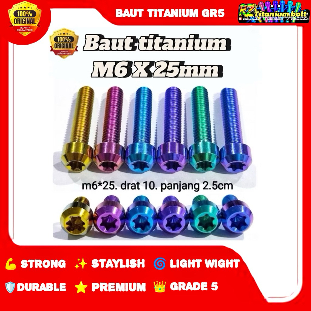 Jual Baut titanium M6 X 25mm Drat 10 Panjang 2.5cm Small head Pillar Original Gr5 Grade 5 ...