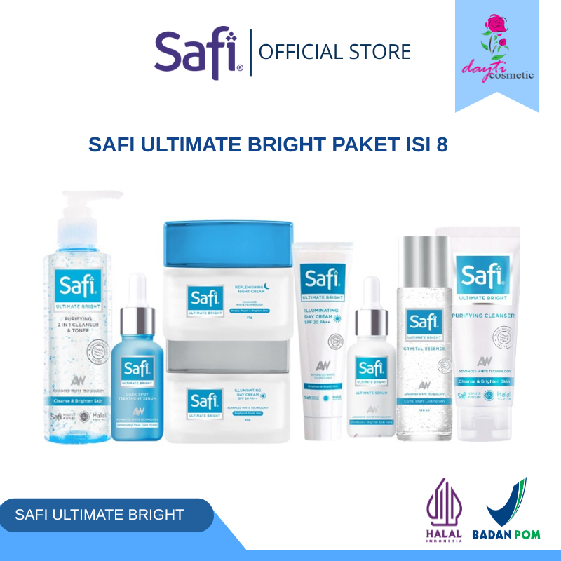 Jual Safi paket Ultimate bright 8 pcs ( day,night 25g,essence 35ml, exfoliator 100g,cleanser 50g ...