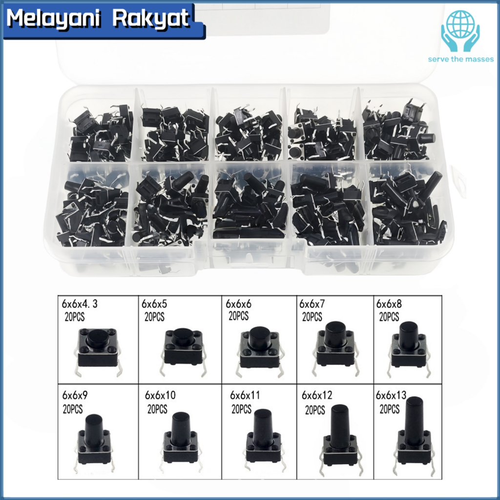 Jual 200pcs Tactile Switch Push Button Kit 4pin Switch Tombol 6x6mm ...