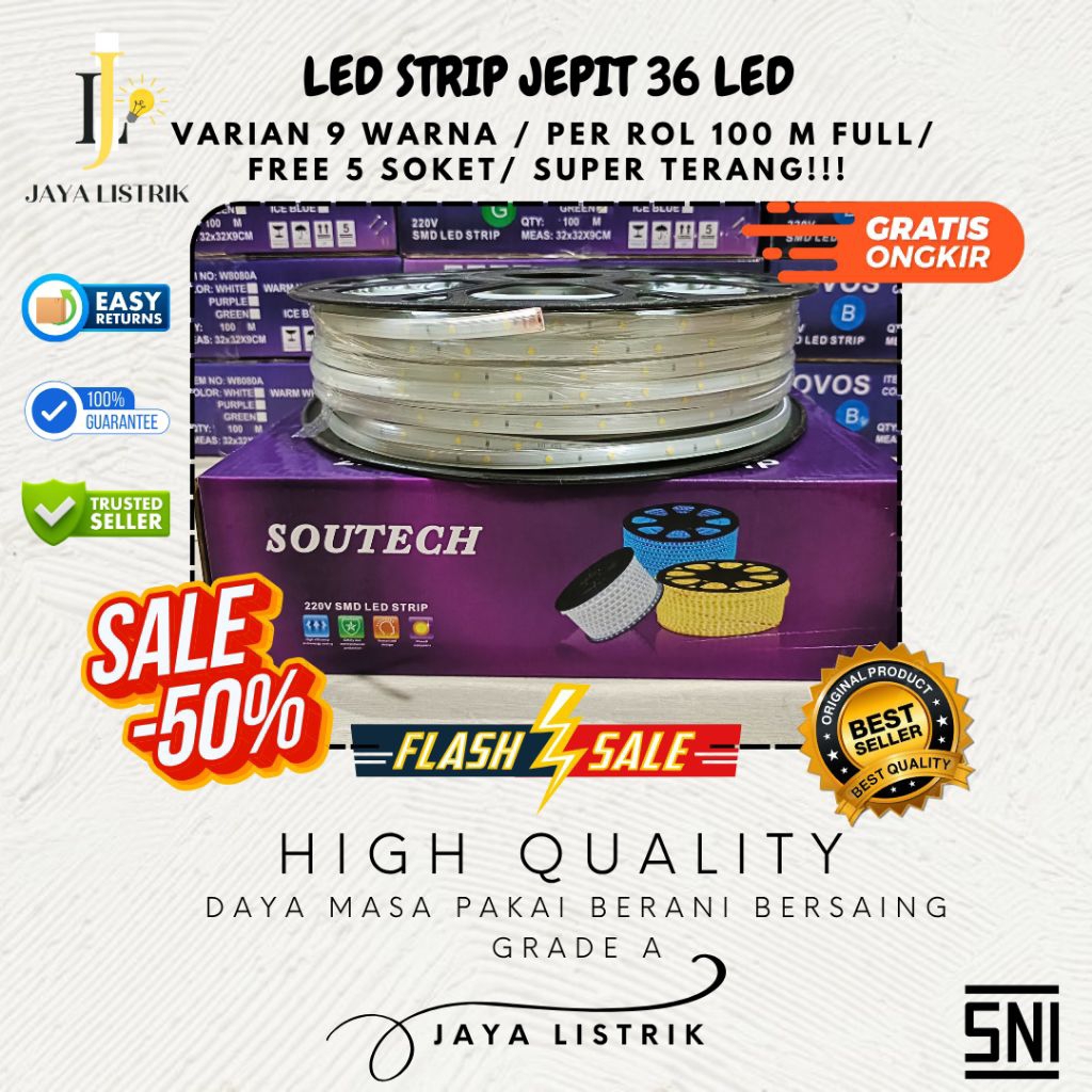 Jual JAYA LISTRIK - LAMPU LED STRIP SELANG SOUTECH 100M FULL. JEPIT 5050 - AC 220V SUPER TERANG ...