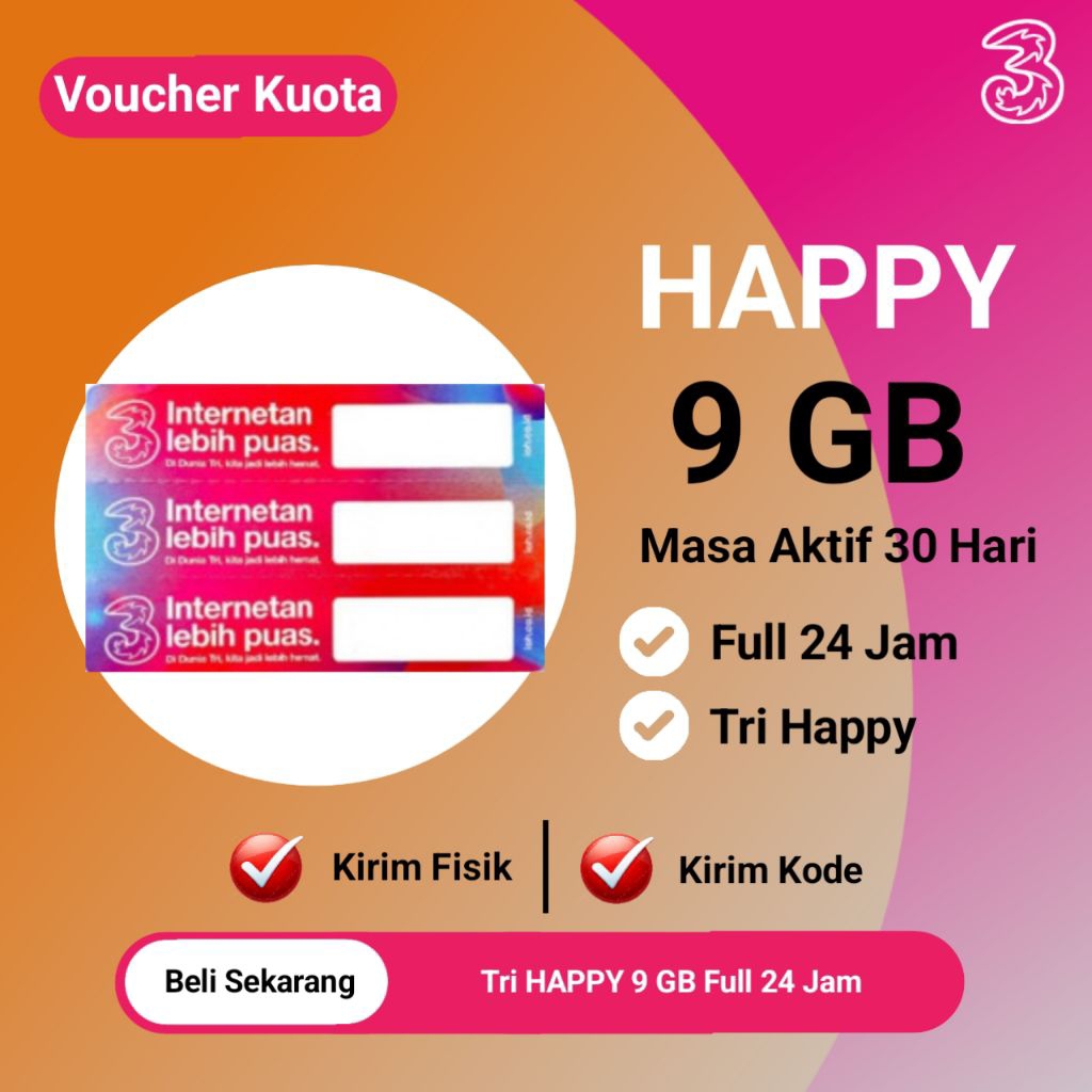 Jual Voucher Kuota TRI Happy 9 GB - Voucher Data TRI Happy 9 GB 30 Hari ...
