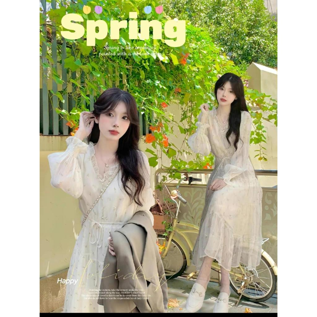 Jual Gaun Tea Time Prancis Lengan Panjang - Gaun Putih Motif Bunga ...