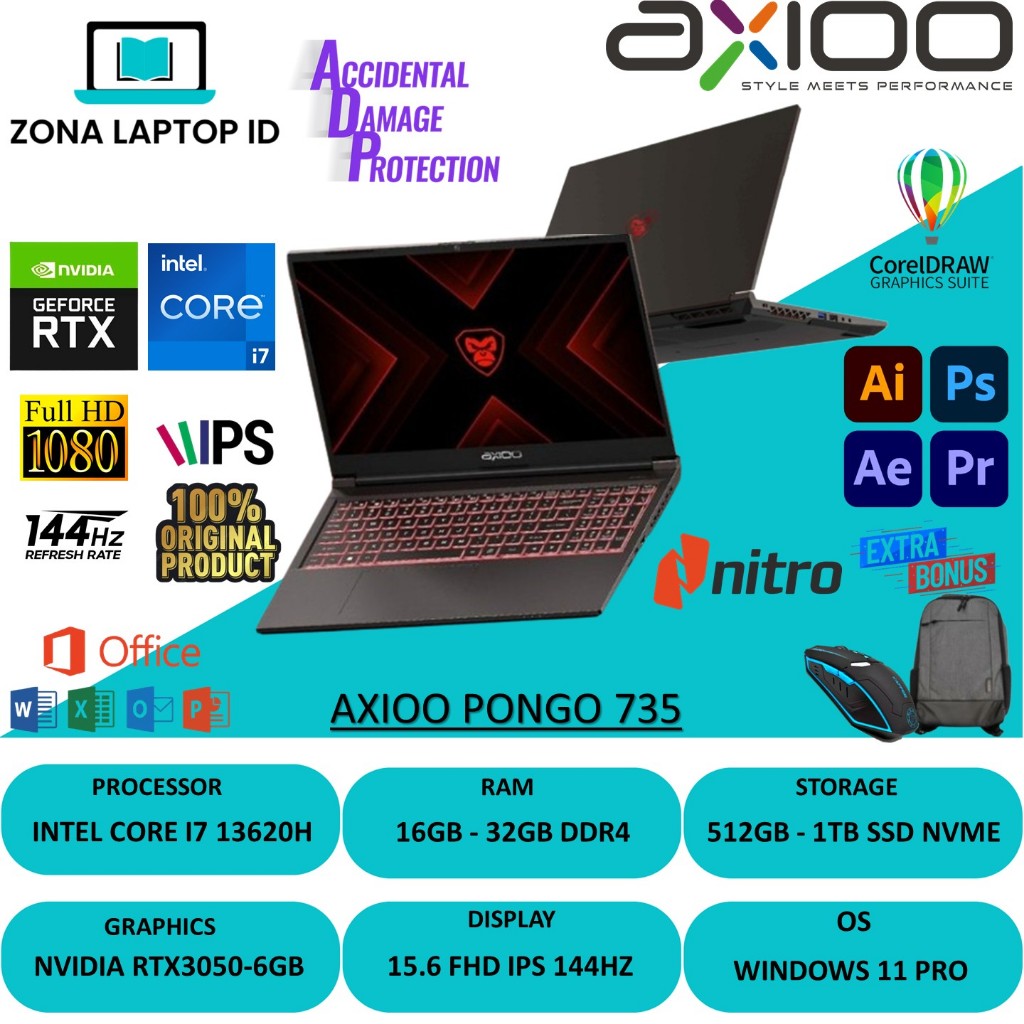 Jual AXIOO Gaming Pongo 735 Intel Core i7 13620H RAM32GB 1TB SSD 15.6 ...