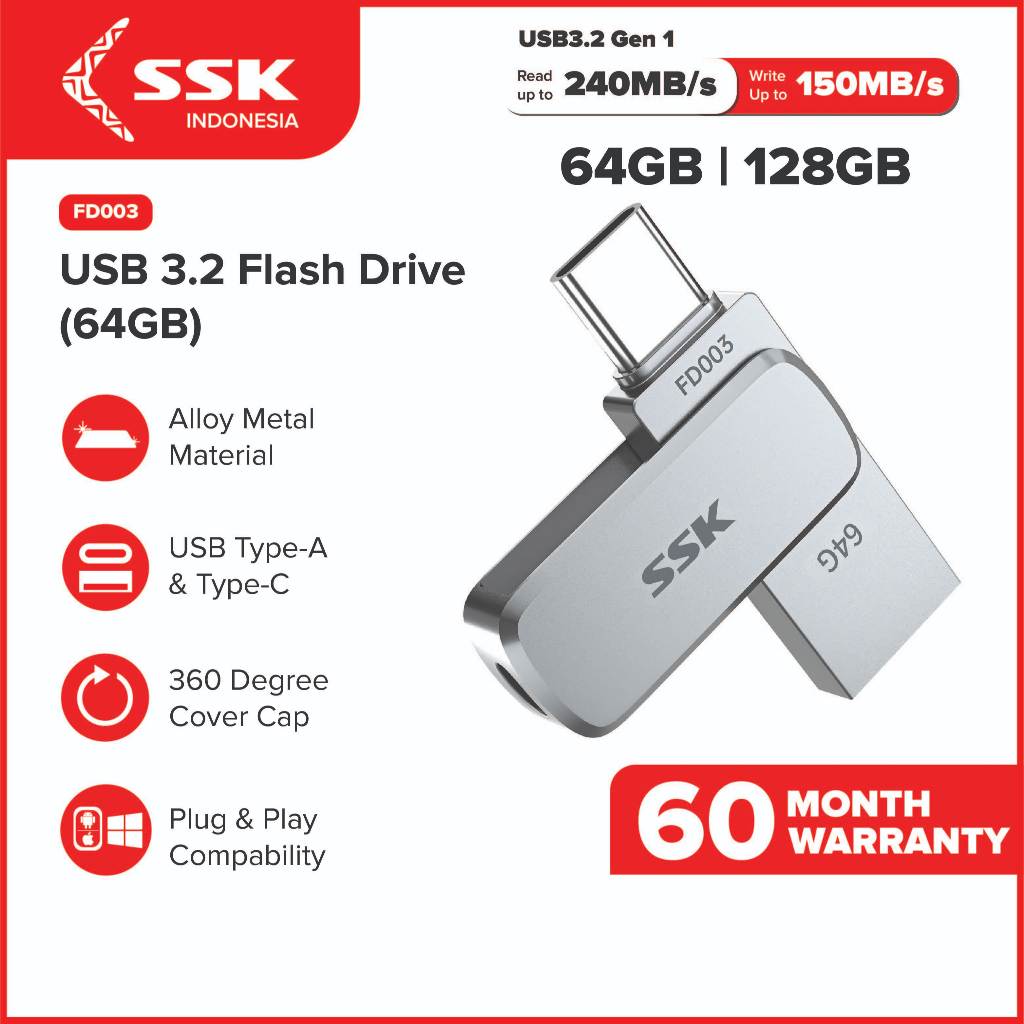 Jual SSK Flashdisk OTG Dual Drive USB3.2 + Type C Rotatable High speed 64GB 128GB | Shopee Indonesia