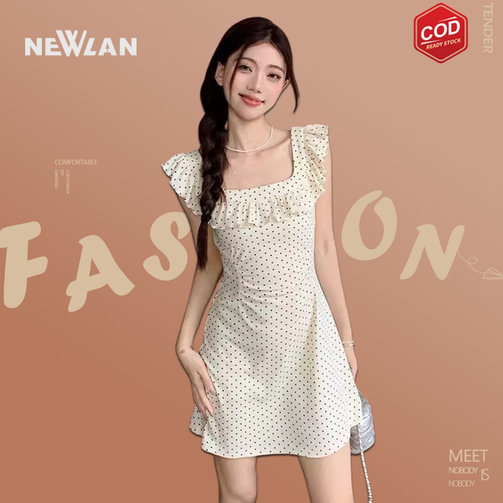 Jual Newlan QZ227 Korean Vintage Dress Motif Polkadot Midi Dress Gaun ...