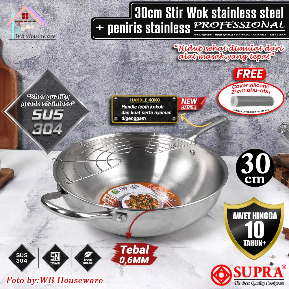 Jual SUPRA New panci Stir wok 30cm + tirisan stainless SUS304 ...