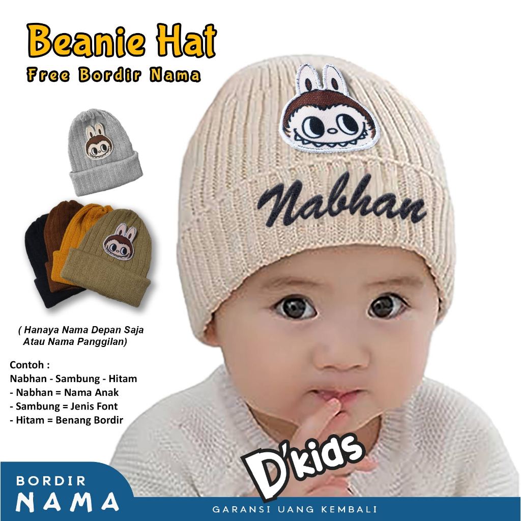 Jual Topi Beanie Labubu Rajut Bayi Anak Custom Nama Gratis Bordir ...