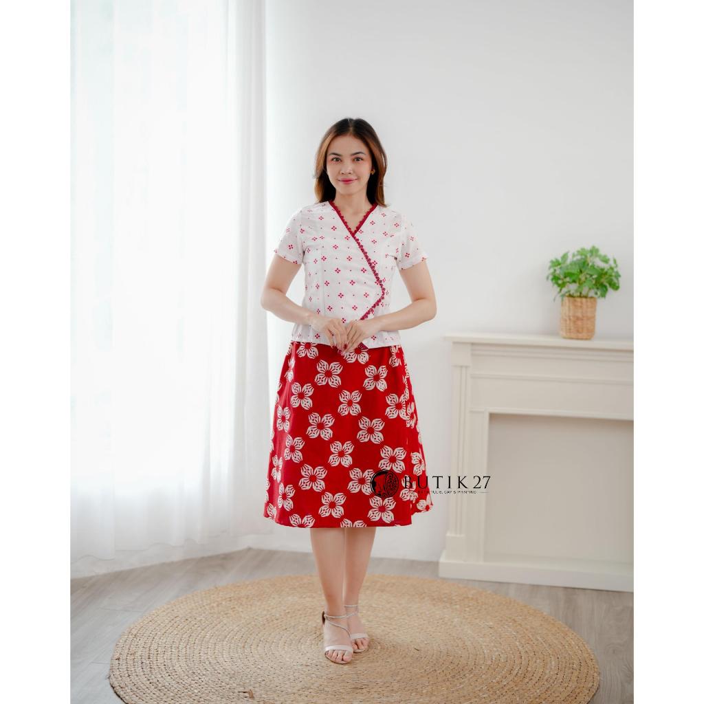 Jual BUTIK27 - Irene Blouse Batik Putih Merah Renda | Shopee Indonesia