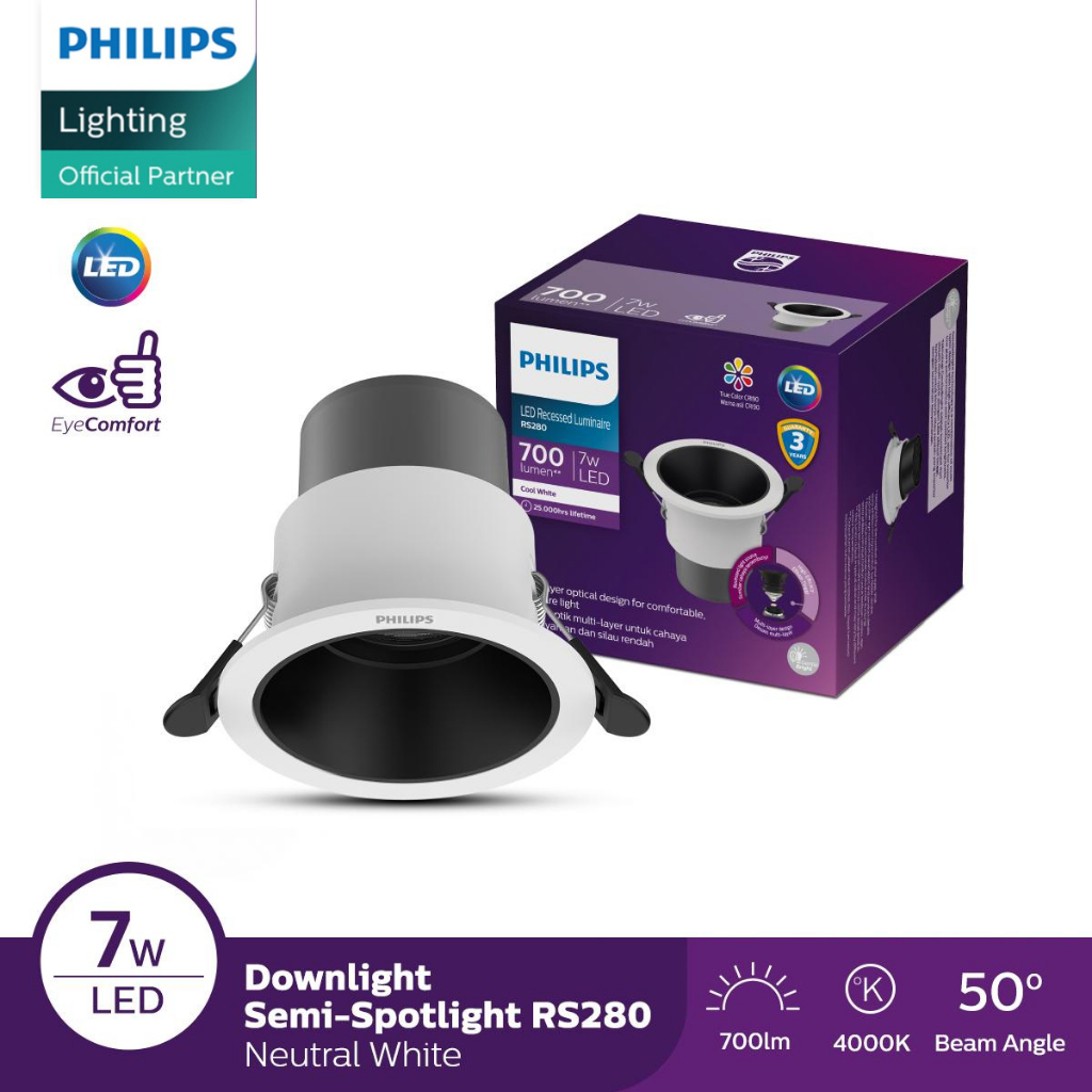 Jual Lampu Philips Downlight Spotlight 7W 4000K 50° D75 – Cahaya Neutral White General Mounting ...