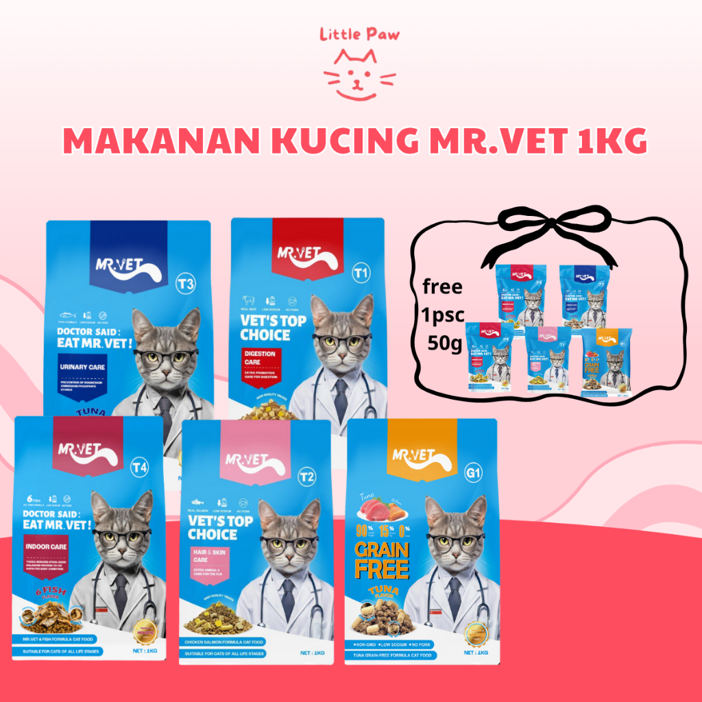 Jual MR.VET Makanan Kucing Kering 1kg T1 DIGESTION/T2 HAIR & SKIN/T3 ...